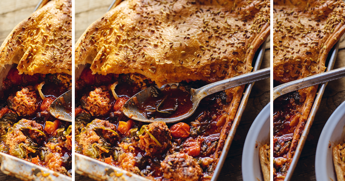 Easy and Quick Meatball Pie Recipe with Olives and Tomatoes | Living North